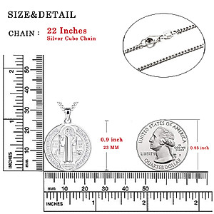 FJ Saint Benedict Necklace 925 Sterling Silver, NR Cross Protection Pendant,Round Coin Antiqued Religious Protector Talisman Pendant