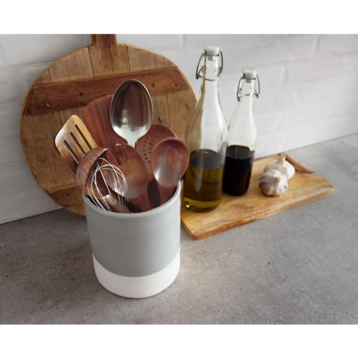 Utensil holder – crock - caddy - Extra Large ceramic organizer for kitchen countertop - modern or rustic farmhouse decor - gray & natural white - jar holds all spatulas, spoons & tools
