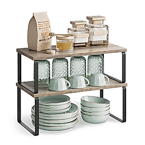 SONGMICS Cabinet Organizer Shelf, Set of 4 Kitchen Counter Shelves, Kitchen Storage, Spice Rack, Stackable, Expandable, Metal and Engineered Wood, Ink Black and Heather Greige UKCS022X02