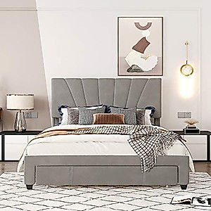 Livavege Queen Bed Frame with Wingback Headboard and Storage Drawers, Velvet Upholstered Platform w/Wooden Slats Support, Queen Size Bedframe No Box Spring Needed, Easy Assembly/Mattress Foundation