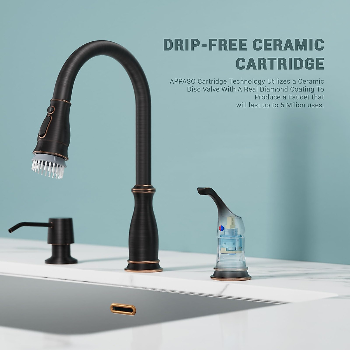 APPASO 3 Hole Kitchen Faucet, Bronze Kitchen Sink Faucet with Pull Down Sprayer 3 Modes, Oil Rubbed Bronze Kitchen Faucet with Soap Dispenser and Separate Handle, Kitchen Faucet 3 Pieces, Zinc Alloy