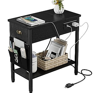 23 " Black End Side Table Living Room with Charging Station,Narrow Couch Table With Storage Drawers/USB Ports/Outlets, Flip Top Bedside Tables Night Stand Furniture for Bedroom Office Small Spaces