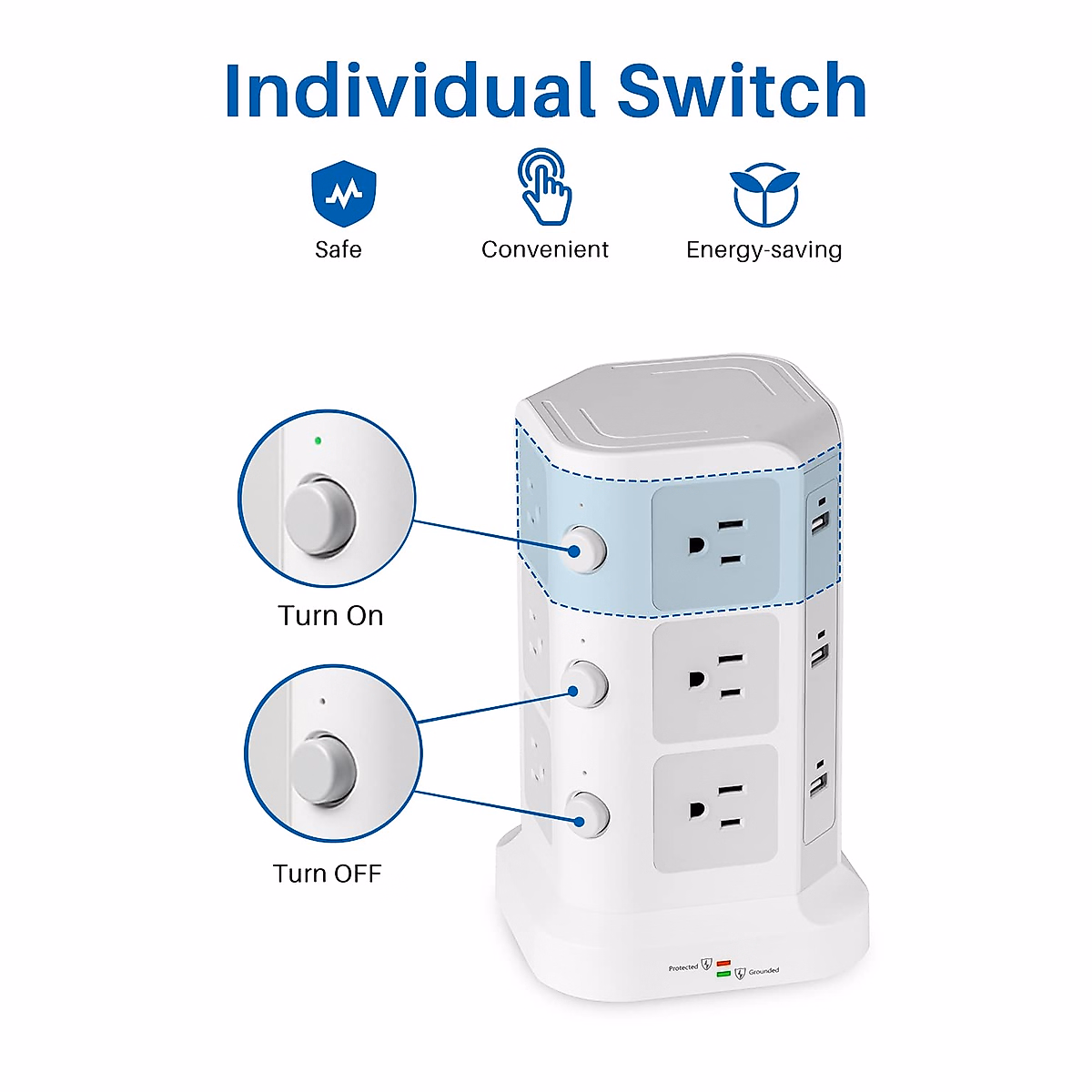 Power Strip Tower by KOOSLA, [15A 1500J] Surge Protector - 12 AC Multiple Outlets and 6 USB Ports, Flat Plug 14 AWG Heavy-Duty Extension Cord 6.5ft, Home Office Supplies, Dorm Room Essentials White