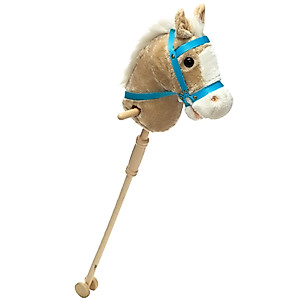 HollyHOME Stick Horse Plush Handcrafted Hobby Horse on a Stick with Wood Wheels Real Pony Neighing and Galloping Sounds for Kids Toddlers Beige 36 Inches(AA Batteries Required)