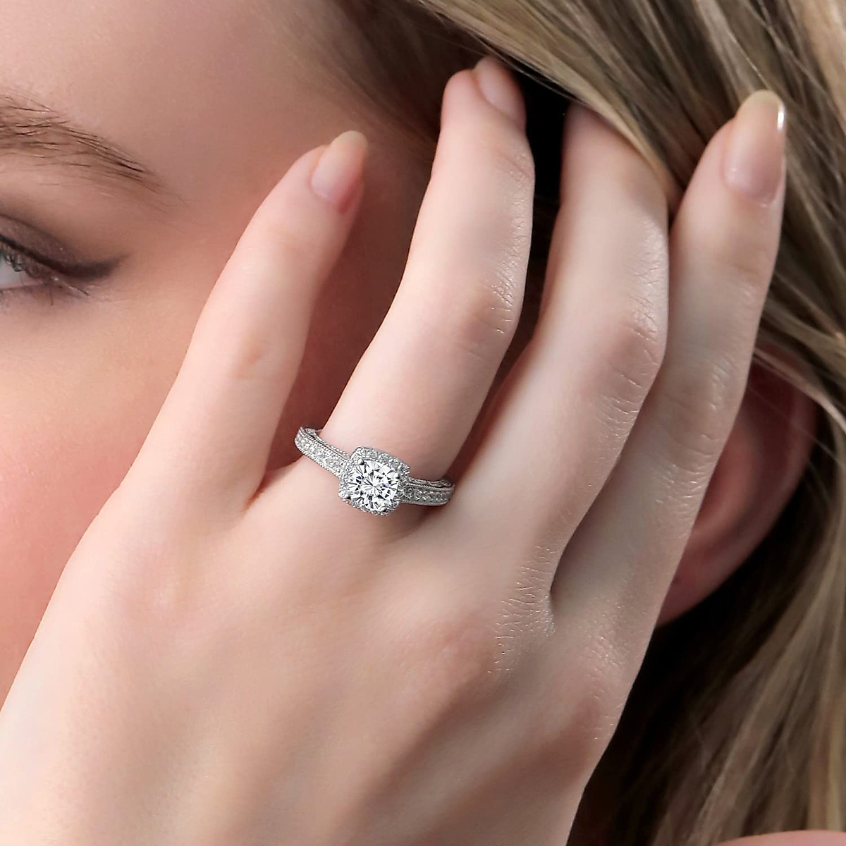 Gem Stone King 925 Sterling Silver 6MM Cushion Gemstone Birthstone and Accent White Created Sapphire Engagement Ring | Wedding Anniversary Promise Ring For Women | Available In Size 5, 6, 7, 8, 9