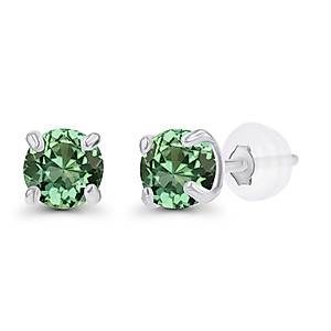 Genuine 10K Solid White Gold 3mm Round Created Green Sapphire September Birthstone Stud Earrings For Women