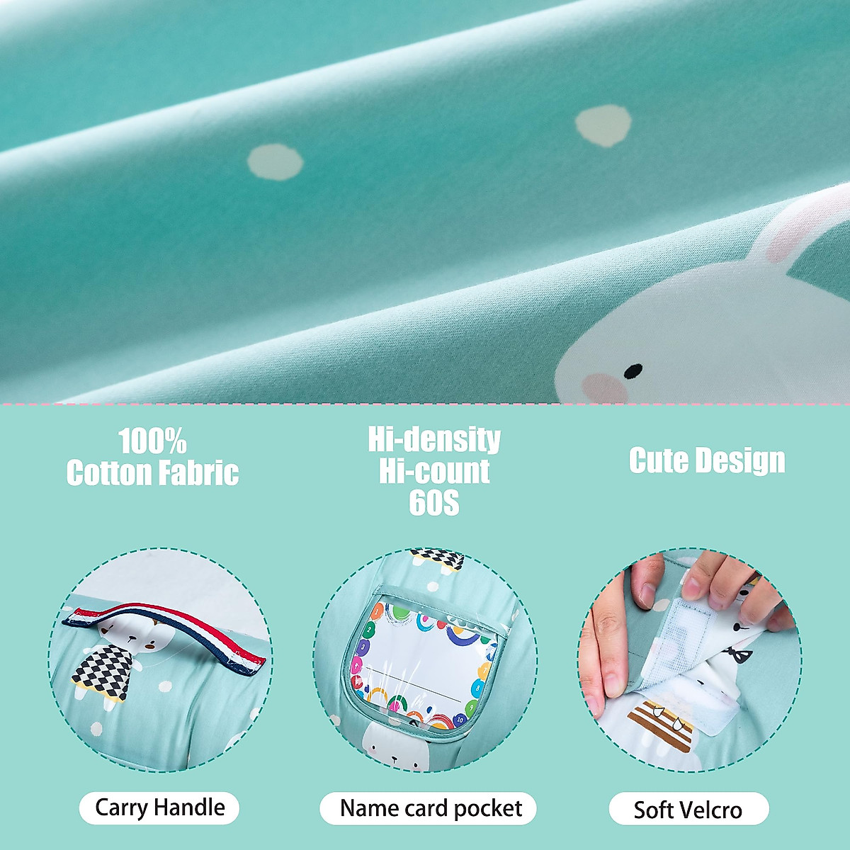 FAINSY Toddler Nap Mat with Pillow and Blanket,100% Cotton Fabric (Hi-Density&Hi-count-60S), 50x20x1.5 in, Padded Sleeping Mat for Daycare Preschool Prek, Kids Girls (Miss Bunny)