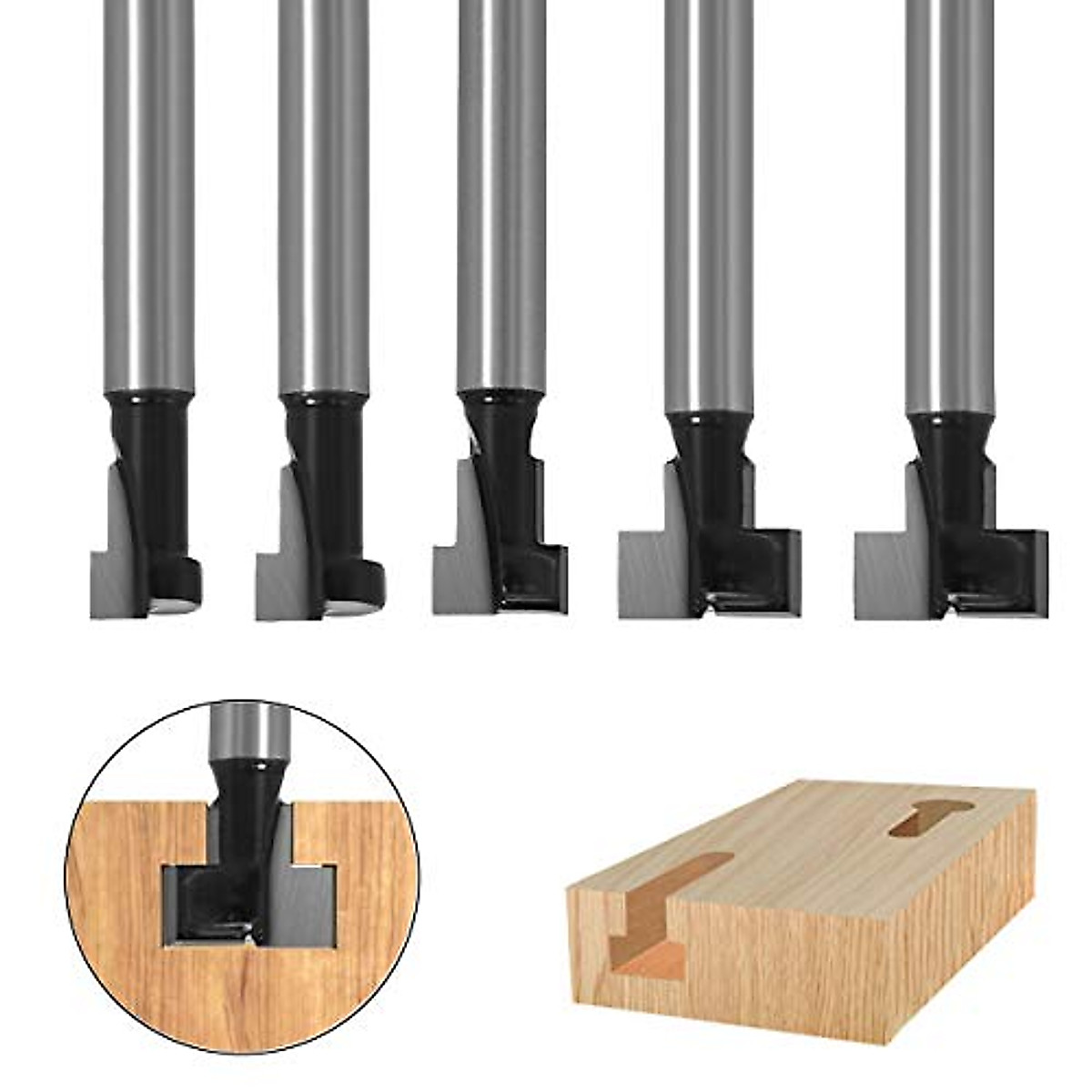 Saipe 5pcs T-Slot Cutter Router Bit 1/4 Inch Shank Keyhole Router Bit Set with 1/4 & 5/16 & 3/8 & 1/2 & 9/16 Inch Blade Diameter for Wood Hex Bolt T-Track Slotting Wood Milling Cutter