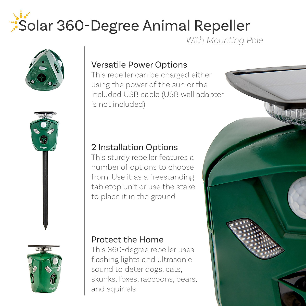 Sunnydaze 360° Solar-Powered Ultrasonic Animal Repeller with Mounting Pole - Solar Power or USB - 3 PIR Motion Sensors