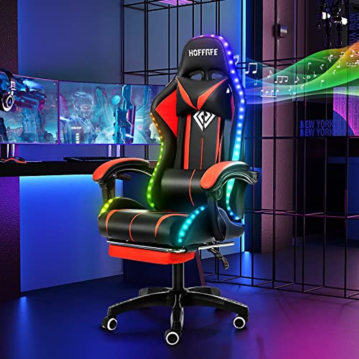 HOFFREE Gaming Chair with Bluetooth Speakers and Lights Ergonomic Computer Massage Gaming Chair with LED RGB Lights Footrest High Back Music Video Game Chair with Lumbar Support Red and Black