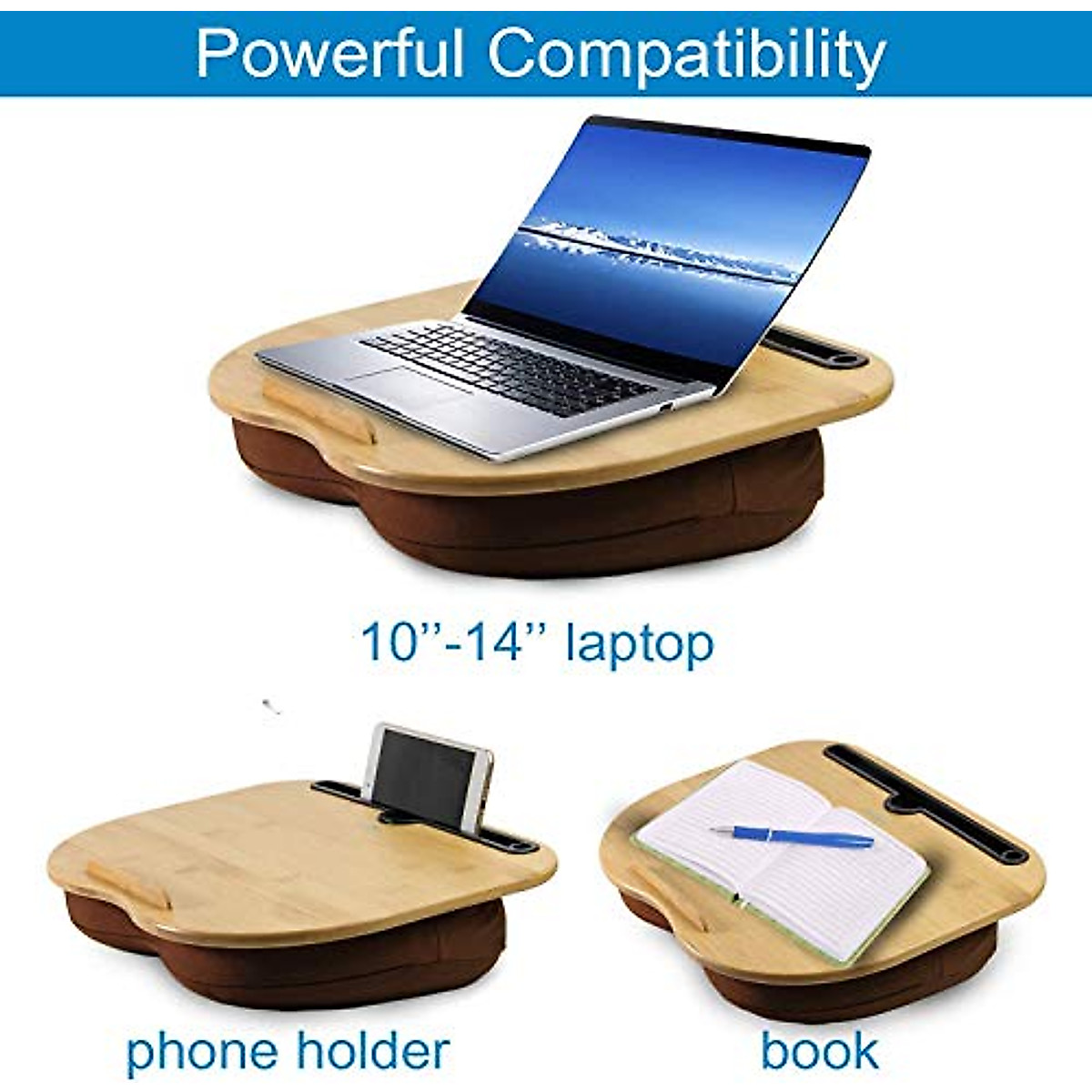 VLOXO Lap Desk with Cushion Portable Laptop Stand with Pillow, 3 in 1 Lap Desk Phone Holder, Desk Tray with Slot & Anti-Slip Strip, Support up to 14 Inch Laptop - Brown