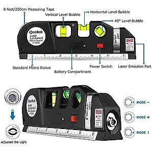 Laser Level, Qooltek Multipurpose Cross Line Laser 8 feet Measure Tape Ruler Adjusted Standard and Metric Rulers for hanging with Metal Tripod Stand(Black)