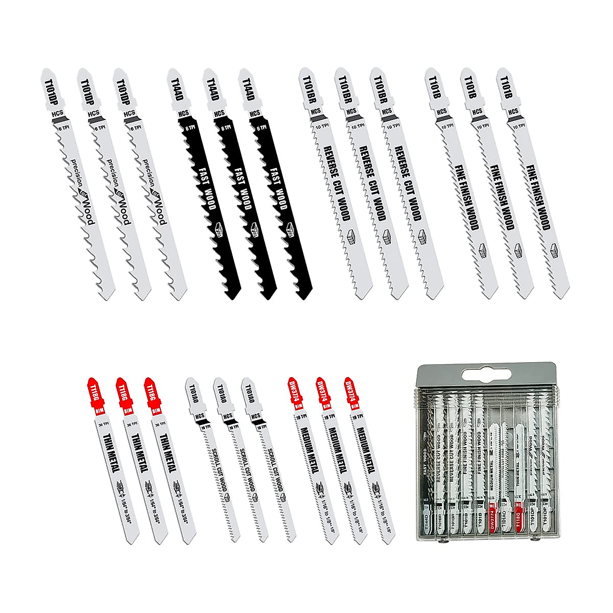 FOXBC Jigsaw Blades for DeWalt DCS334B DW3742C, Bosch JS260 JS470E, Makita XVJ03Z, Ryobi for Wood Metal - 21 Pack with Case