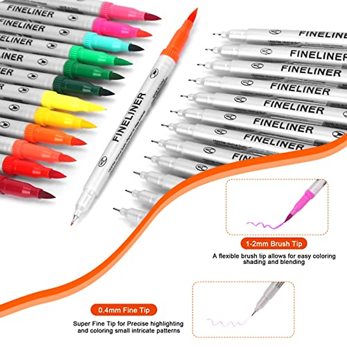 R-ejet Dual Brush Marker Pens - 12 Double Tip Brush Pens Art Markers - Fine and Brush Tip Pen Art Supplier for Kids Adult Coloring Books, Bullet Journaling, Drawing