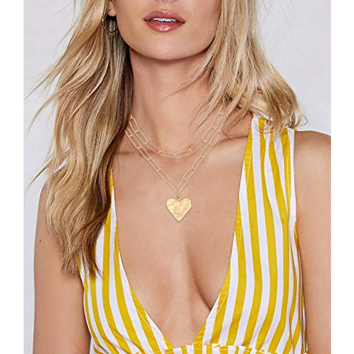 YAHPERN Layered Rectangle Paper Clip Chain Link Choker Statement Hammered Heart Pendant Necklace Minimalist Chunky Thick Chain Jewelry For Woman (gold)