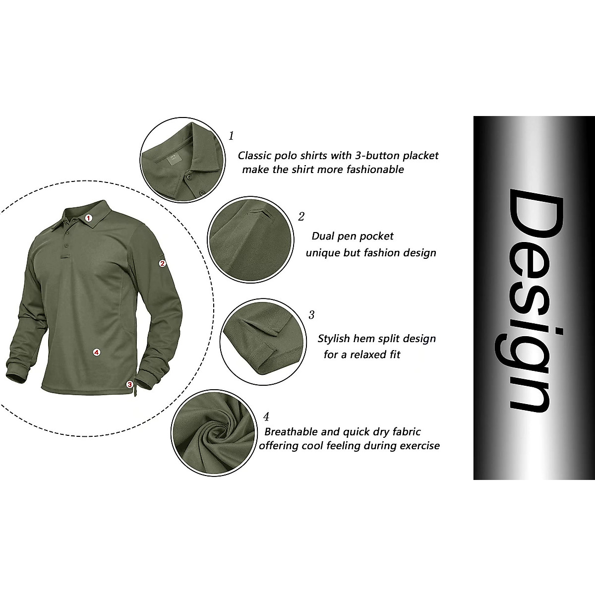 BIYLACLESEN Men's Long Sleeve Jersey Polo Shirt Casual T Shirts Quick Dry Polo Active Shirts Tactical Military Shirt Jersey Polo Shirt Mens Army Green
