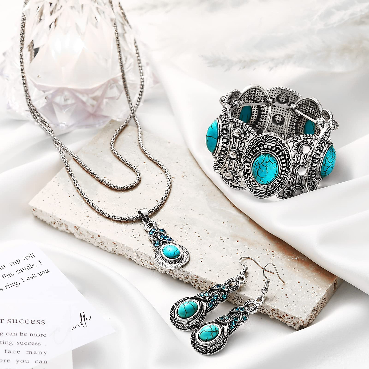 Sureio 3 Pcs Western Jewelry for Women Bohemian Turquoise Set Turquoise Pendant Necklace Western Dangle Earrings Turquoise Bracelet