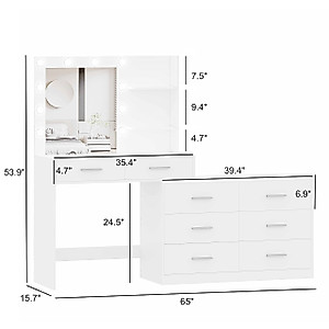 Rovaurx 65" Vanity Desk with Lighted Mirror and Lights, 8 Drawers Makeup Vanity Table with Storage Shelf, Modern Dresser with Mirror, Dressing Table for Bedroom, Adjustable Width, White RSZT109W