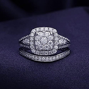 SAVEARTH DIAMONDS 1 1/4 CTTW Round Lab Created Moissanite Diamond Double Halo Bridal Set Wedding Ring in 14k White Gold Over Sterling Silver (1.25 Cttw) Size-9