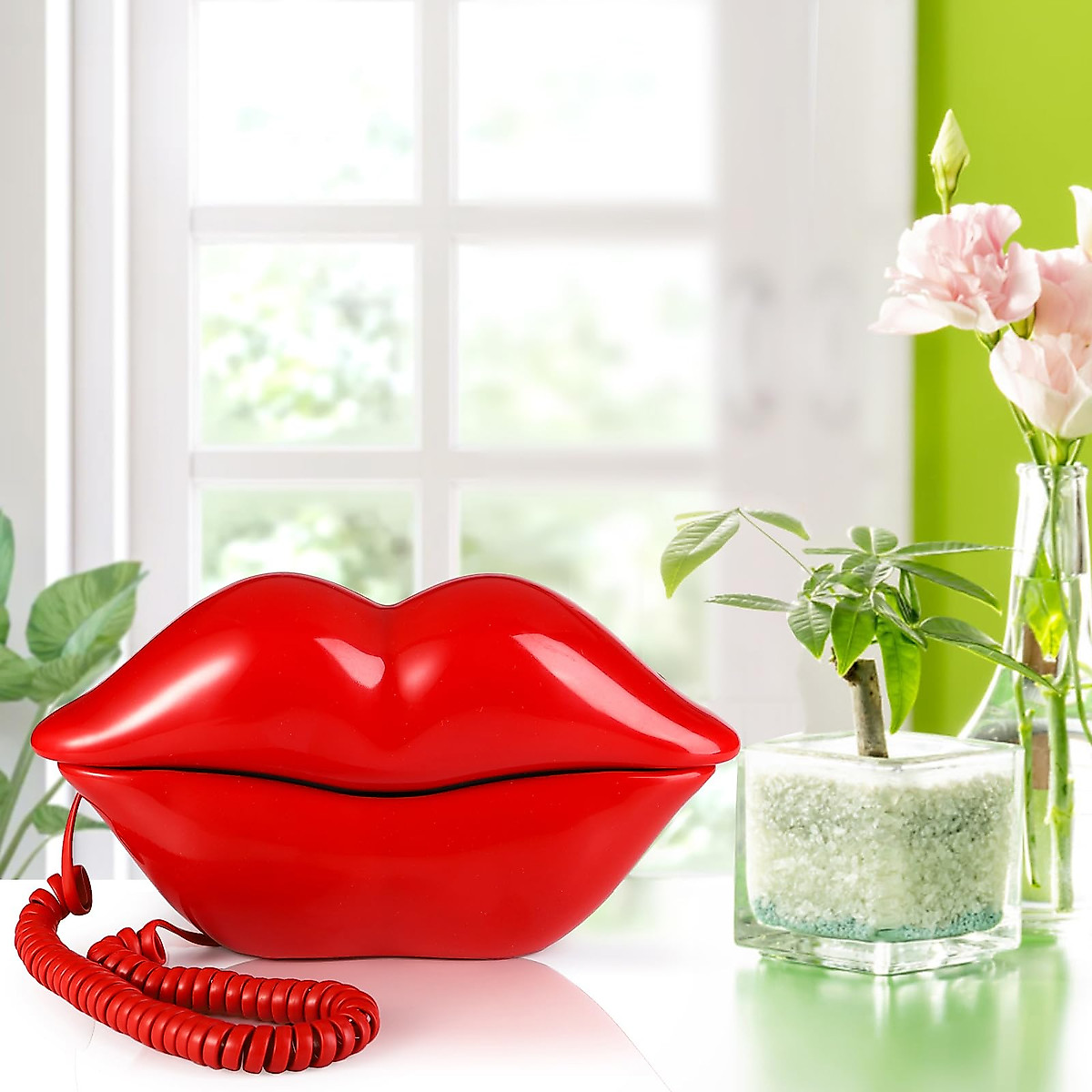 Suwimut Red Mouth Telephone, Wired Novelty Cute Sexy Lip Phone, Real Corded Lip Shaped Landline Phone Desk Corded Phone for Home Hotel Office Decor Gift