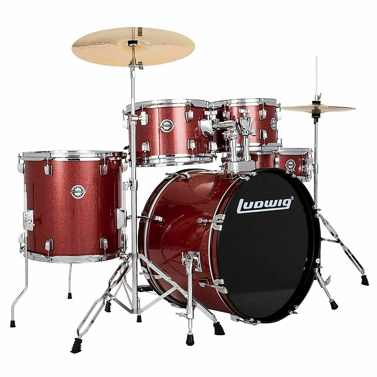 Ludwig Accent Drive 5-Pc Drum Set, Red Sparkle - Includes: Hardware, Throne, Pedal, Cymbals, Sticks & Drumheads