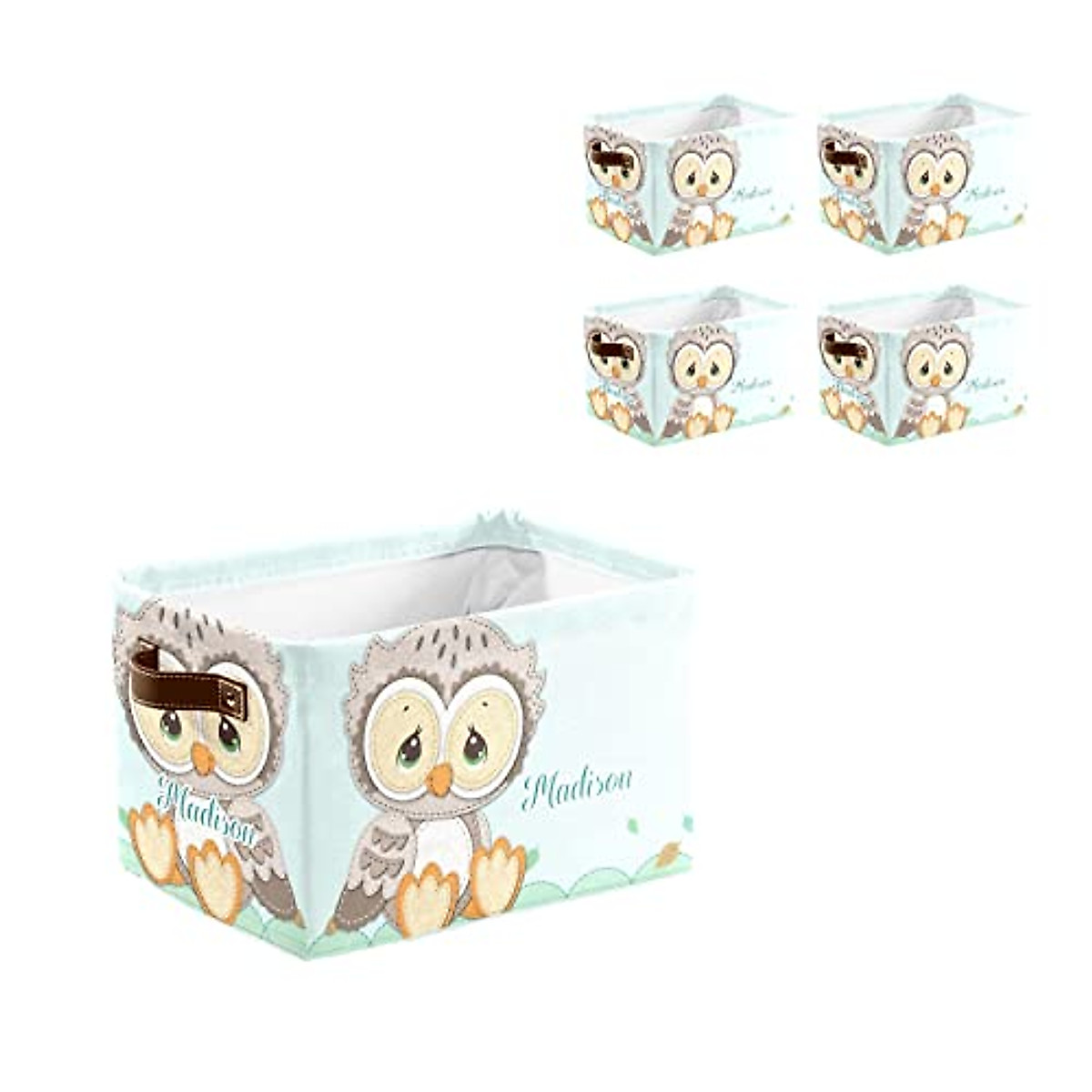 Woodland Owl Green Foldable Custom Personalized Name Storage Bins Basket Cubic Clothes Supplies Organizer,Durable Handle