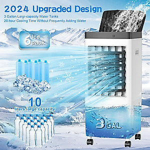 Air Conditioners,2024 Upgraded Portable Air Conditioner with 3 Gal Water Tank, Air Conditioner Portable for Room with 6 Ice Box, 3-in-1 Super Wind Quiet Swamp Cooler, AC for Room/Bedroom/Garage