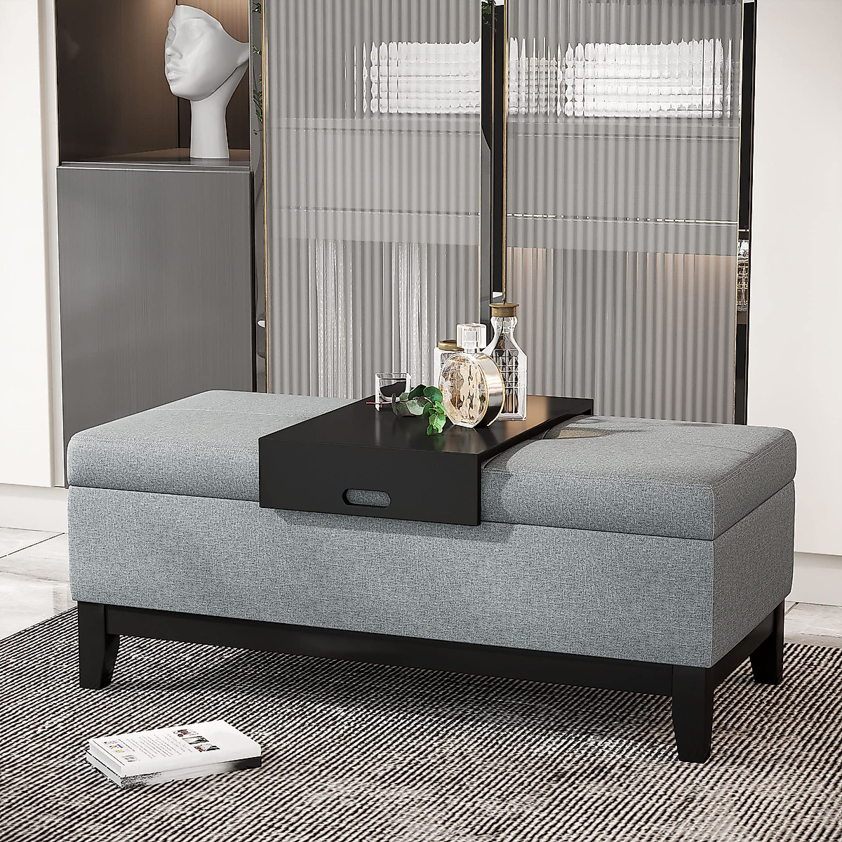 HOMCOM 42" Rectangular Storage Ottoman Bench, Linen Fabric Coffee Table Ottoman with Removable Tray for Living Room, Entryway, or Bedroom, Gray