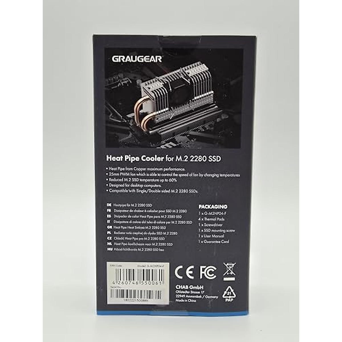 GRAUGEAR M.2 2280 SSD Heatsink, Direct-Touch Heat of Dual Copper Heat Pipes, 25 mm Cooling Fan Built-in PWM Control, Aluminum Plate-Fin Design, Thermal Pads incl. Cooler for M.2 NVMe/SATA[G-M2HP04-F]