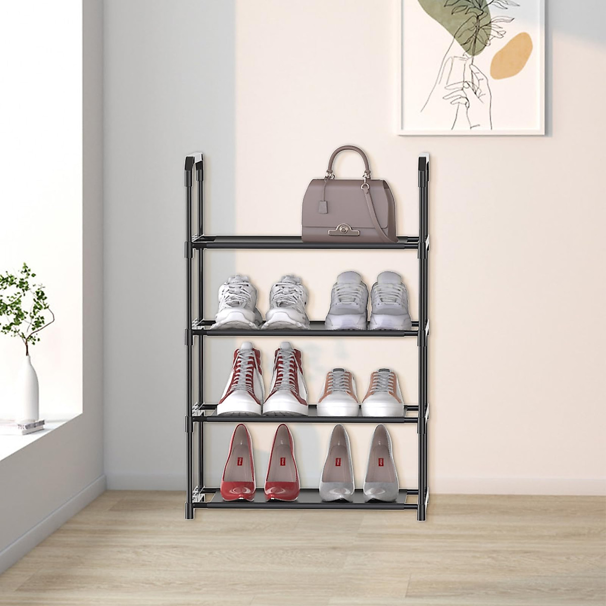 scopbinsa 4-Tier Small Shoe Rack, Stackable Nonwoven Shoe Storage Organizer Metal Shoe Shelf with Handle for Entryway, Hallway, cabinet and Closet (4 black-with Handle)