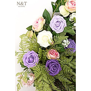 N&T NIETING Purple Roses Artificial Flowers 25Pcs Fake Flowers Foam Roses with Stems for DIY Wedding Bridesmaid Bridal Bouquets Centerpieces Party Home Decoration Baby Shower, Series Purple