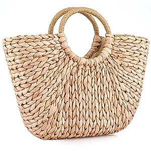 Summer Rattan Bag for Women Straw Hand-woven Top-handle Handbag Beach Sea Straw Rattan Tote Clutch Bags (Khaki)