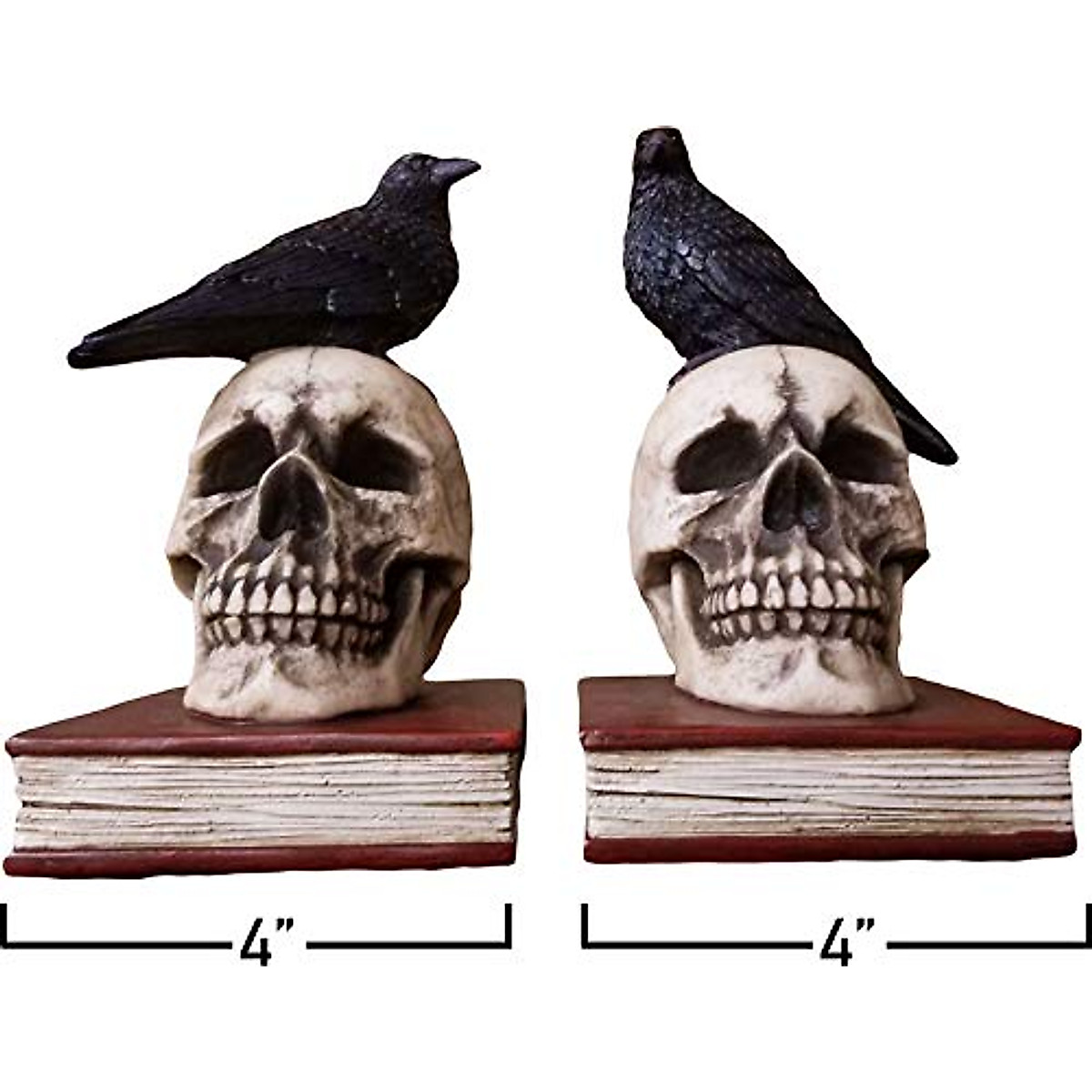 DWK - Murder and Mystery - Ravens on Skulls Bookends Gothic Poe Crow Reading Bookshelf Theme for Your Library Home Décor Book Shelf Accent 8.5 Inches in Length