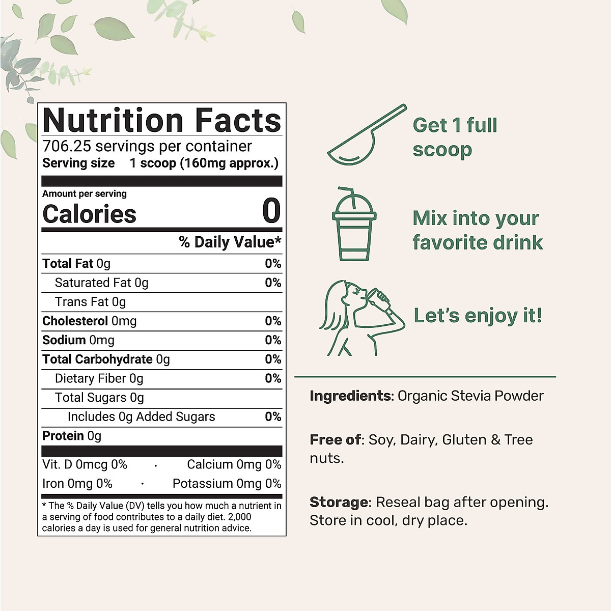 Pure Organic Stevia Powder, 4 Ounces, 706 Serving, Highest Grade Stevia Green Leaf Extract Reb-A, Reduced Bitter Aftertaste, 0 Calorie, Natural Sweetener, Sugar Alternative, Keto Friendly