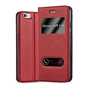 Cadorabo Book Case Compatible with Apple iPhone 6 Plus/iPhone 6S Plus in Saffron RED - with Magnetic Closure, 2 Viewing Windows and Stand Function - Wallet Etui Cover Pouch PU Leather Flip