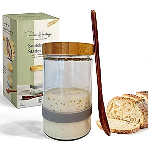 Touchet Heritage Sourdough Starter Jar (32oz) | Sourdough Starter Kit | Thick, Durable Glass w/Bamboo Lid | 6.5” x 4" | Wide Mouth Glass Jar for Sourdough with Wooden Spoon & Silicone Measuring Band