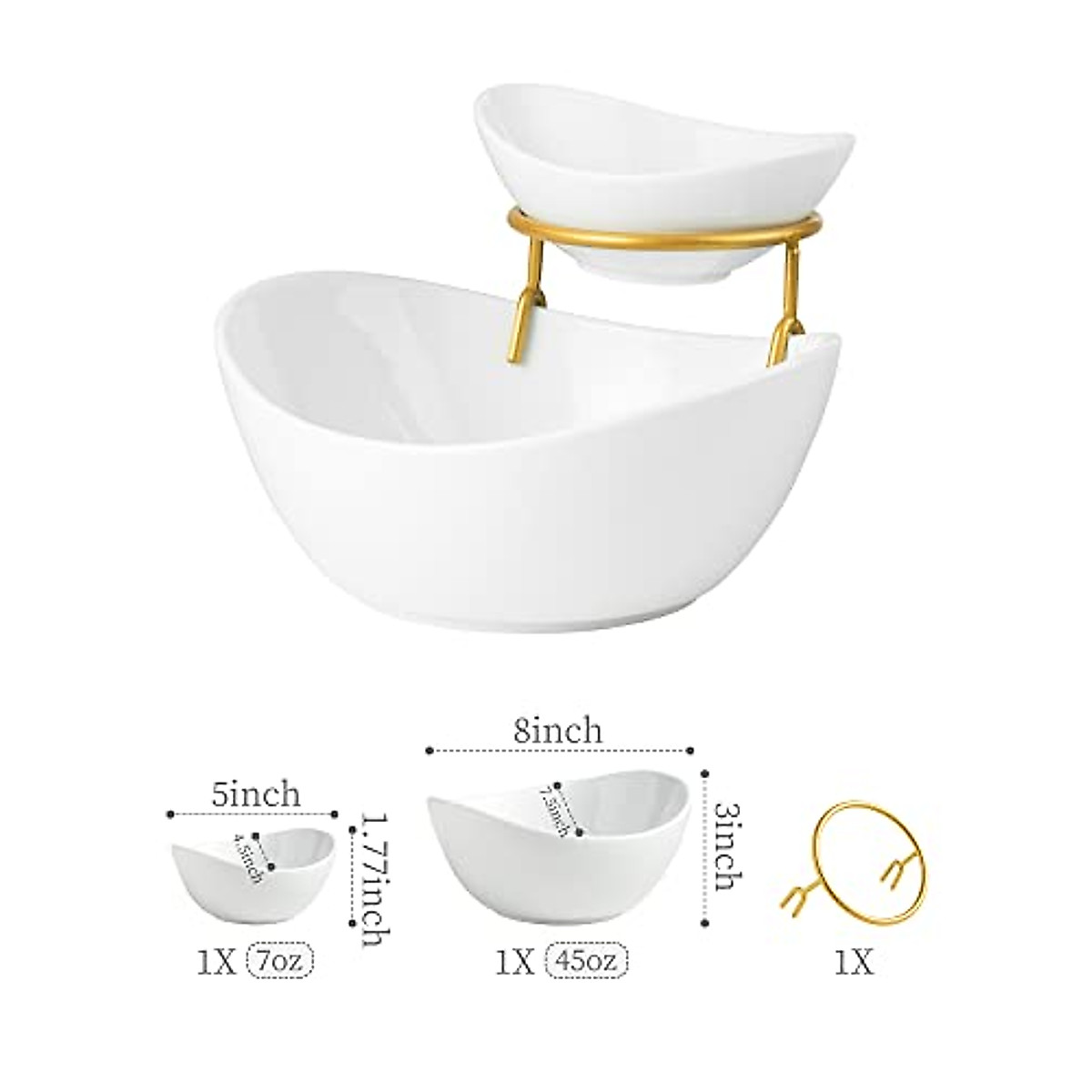 Miamolo Porcelain Serving Bowl Set for Appetizer Serving Dishes Set with 2 Compartment, Chip and Dip Taco Rack Display Salad Bar Serving Set, Gold Stand