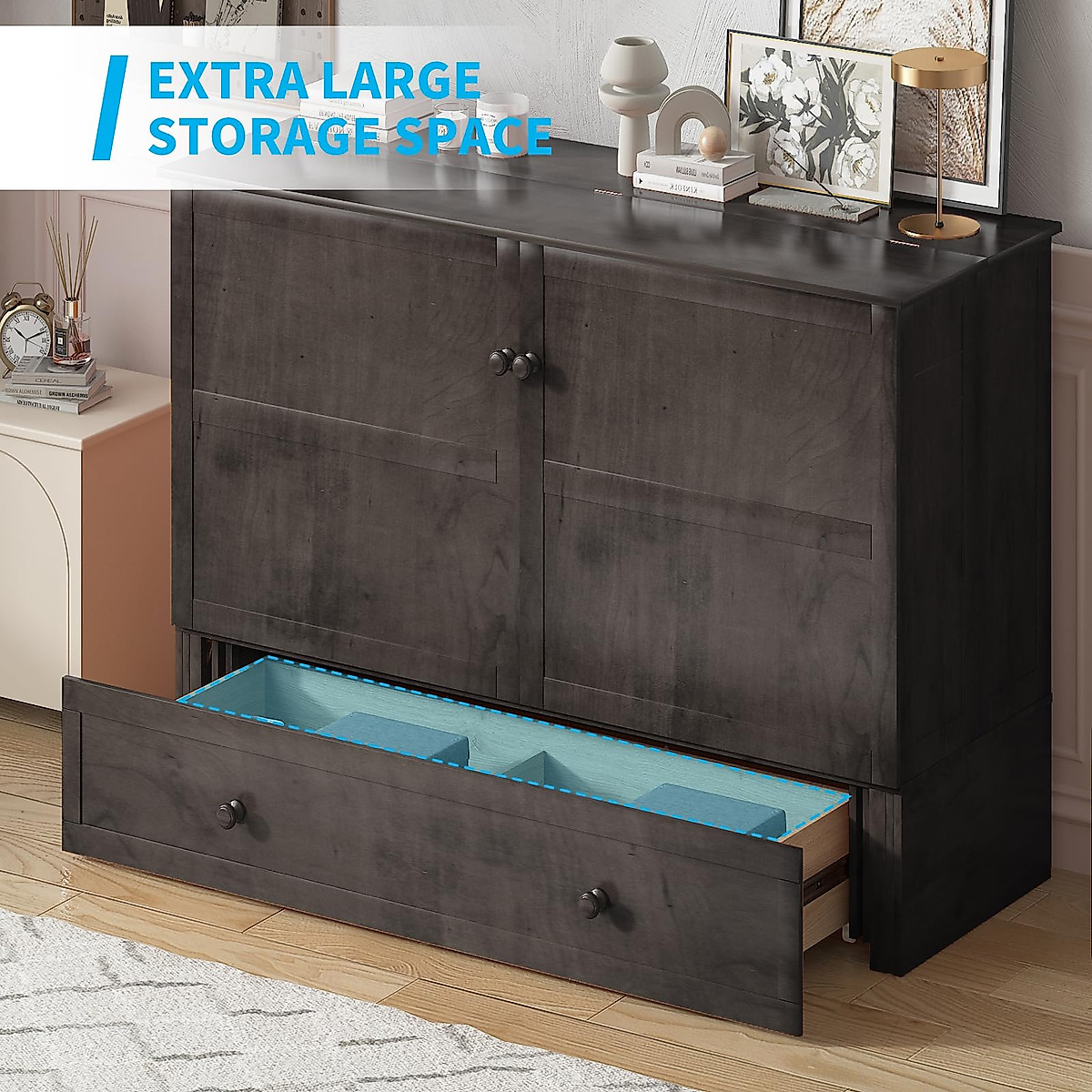 Mjkone Murphy Bed Chest, Cabinet Bed with Trifold Foam Mattress, Queen Murphy Cube Cabinet Bed with USB Charging Station and Large Storage Drawers for Living Room/Bedroom/Office (Grey)