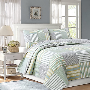 Cozy Line Home Fashions Green Yellow Blue Plaid Striped Real Patchwork 100% Cotton, Reversible Coverlet, Bedspread, Quilt Bedding Set (Green Patchwork, Twin - 2 Piece)