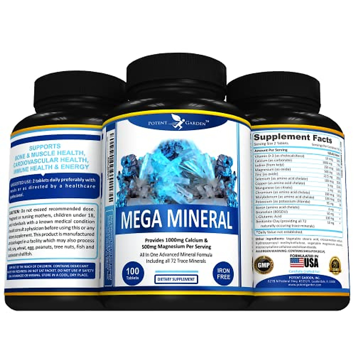Potent Garden Mega Mineral Supplement Complete Mineral Complex with Calcium Magnesium Zinc Potassium Boron Selenium Chromium & 72 Trace Minerals Iron Free Calcium Supplement -100 Pills