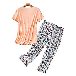 CHUNG Women Cotton Pajama Sets Sleepwear pjs Short Sleeve Shirt Capri Pants with Cute Vivid Print (XL, Orange Owl)