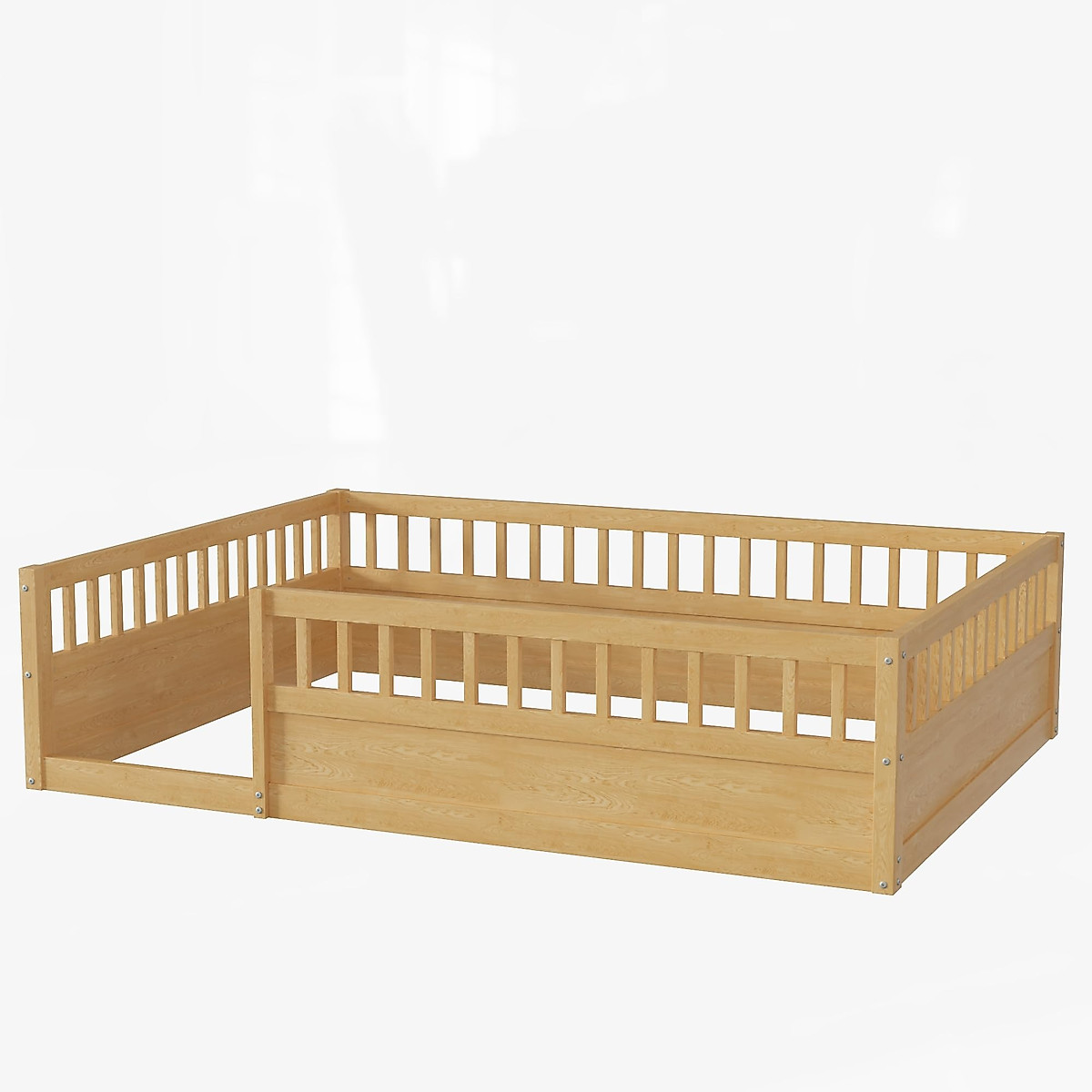 DNYN Full Size Floor Bed for Kids Bedroom,Solid Wood Bedframe w/Fence & Easy Assemble & Space Saving Design & No Box Spring Needed, Natural