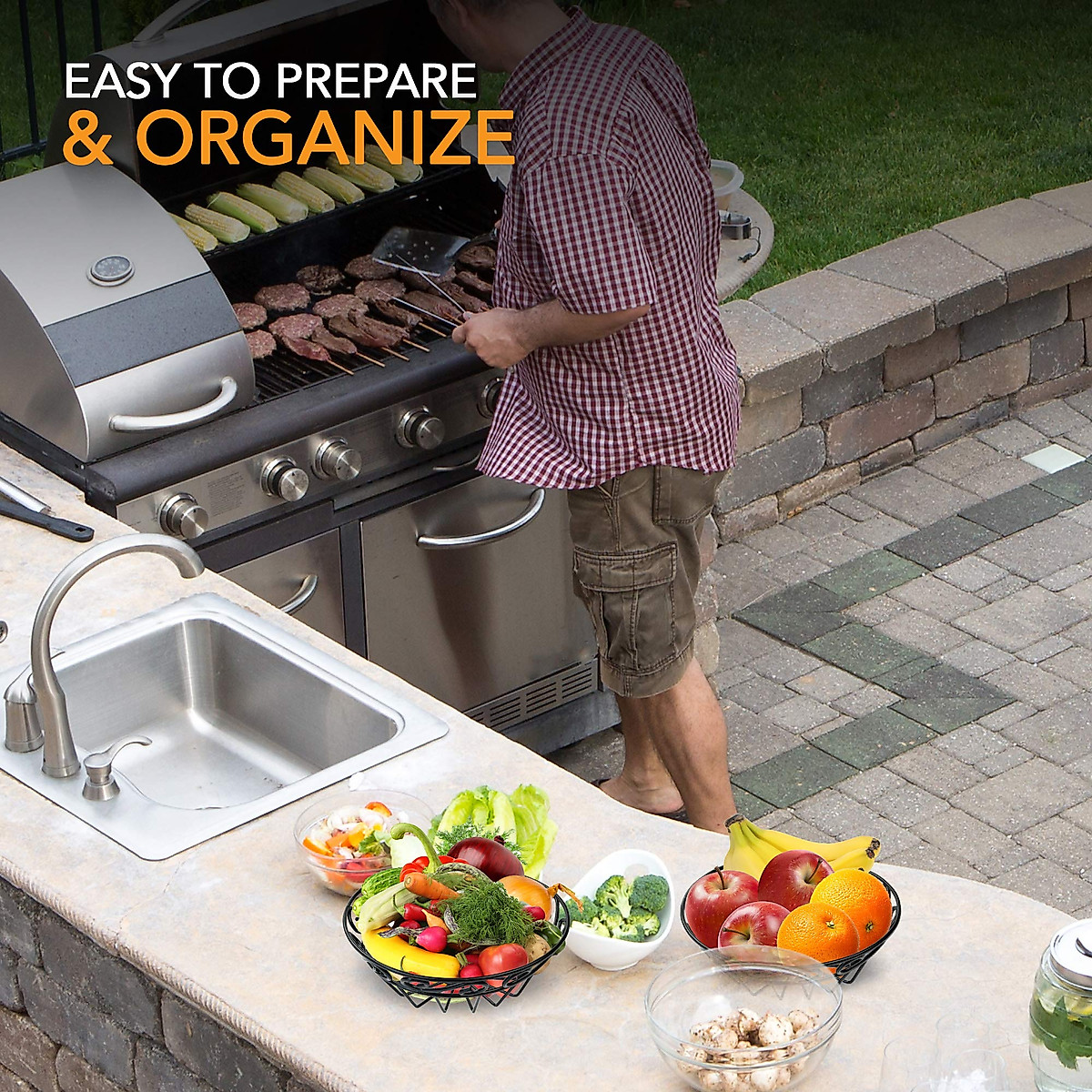 Kitchen Decor Fruit Basket Counter Egg Decorative Bowl Wire Metal Black Scroll Storage Tray by EASYVIEW