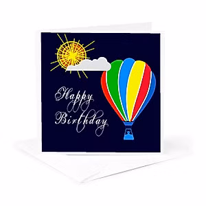3dRose Greeting Card - Colorful hot air balloon, sun, text Happy Birthday on blue - Alexis Design - Hot Air Balloon