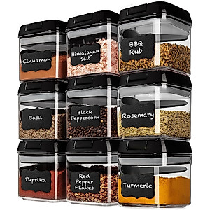 Shazo 9 Pc Airtight Food Storage Containers Set with Lids Plastic Kitchen Cabinet & Pantry Organization Canister Set for Spices, Herbs, Coffee & Tea - BPA Free - 9 Spoons