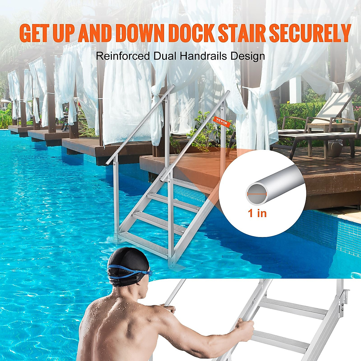 VEVOR Dock Ladder with Rubber Mat, Dock Steps 30"-39" Adjustable Height, Dock Stairs Aluminum 4 Step, Each Step 22" x 4", 500Lbs Load, for Lake, Marine Boarding, Pool