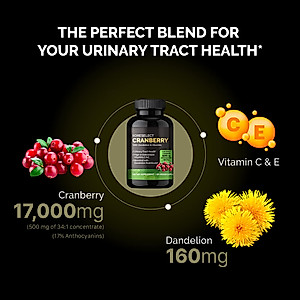 KORESELECT Cranberry 17,000mg with Dandelion & Vitamins, UTI Relief, Antioxidant Supplement, Immune Support, Bladder Health for Women & Men 60 Vegan Capsules