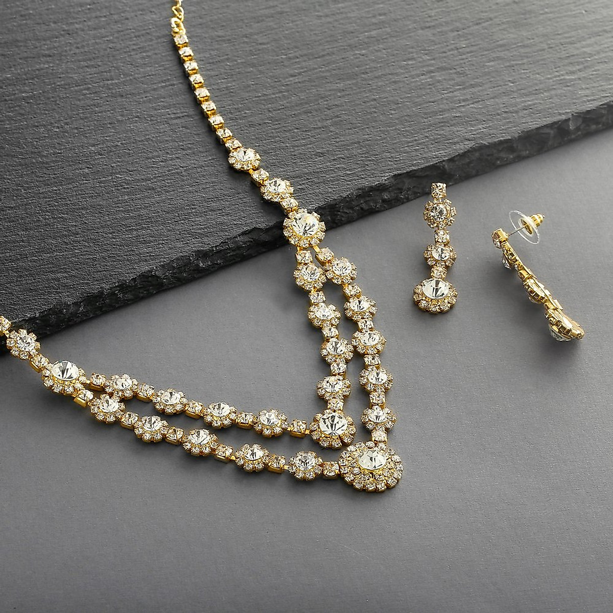 Mariell Petite Length Gold Rhinestone Crystal Necklace and Earrings Set For Brides, Choker Wedding Necklace Jewelry Set for Brides, Bridesmaids, Homecoming, Prom