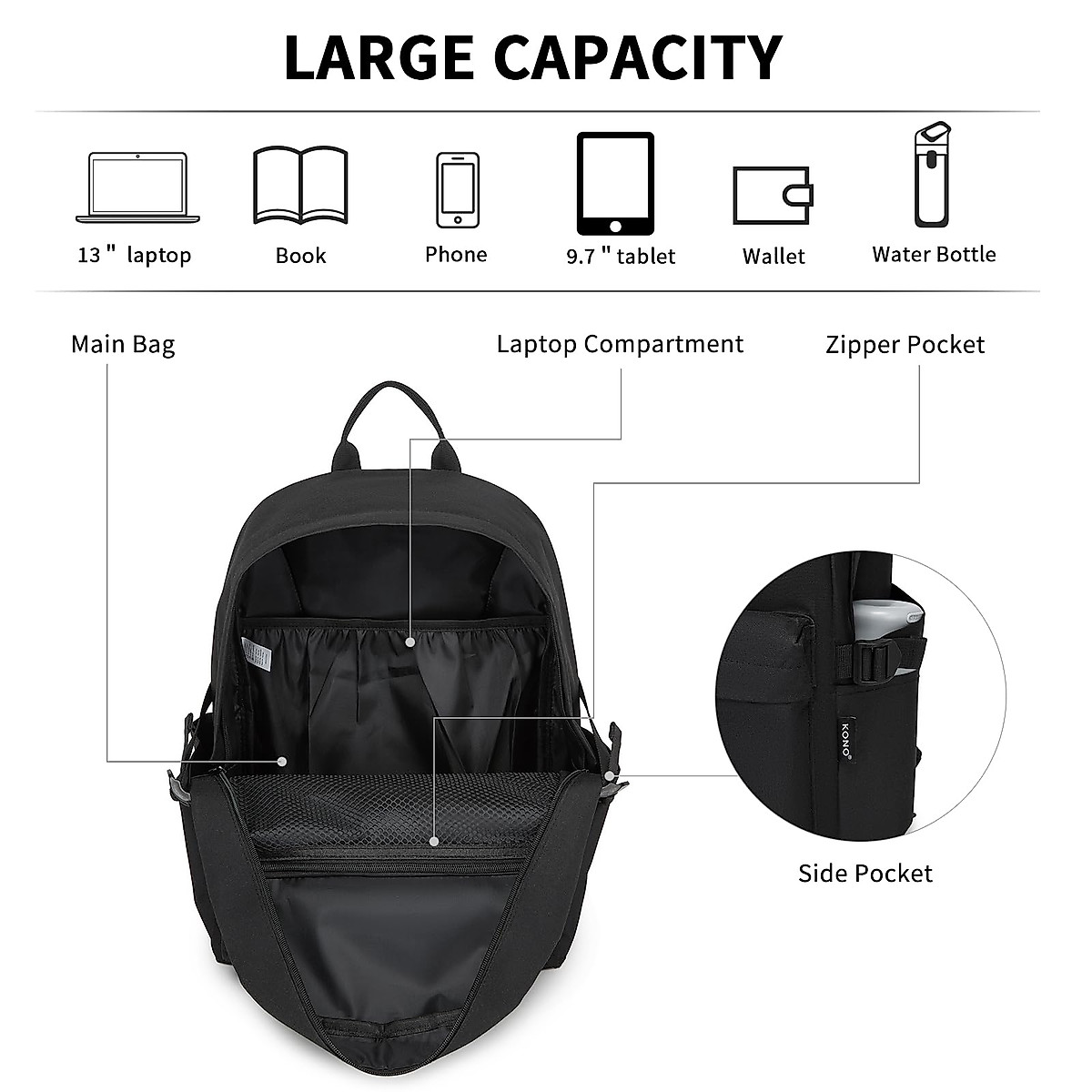 Kono School Backpack College Rucksack Lightweight School Bag Water Resistant Stylish Casual Daypack College Travel Business Work Bag for Men Women Boys and Girls fits 15.4 Inch Laptop (Black)