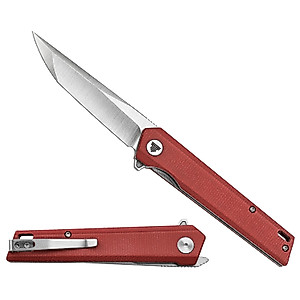 TRIVISA Japanese Front Flipper Pocket Knife，3.58in Stonewashed&Satin Folding Tanto Blade Red Micarta Handle with Clip，Unique Liner Lock Slim EDC Knives for CEO Gentleman/Men Camping Hunting,Equ-04R